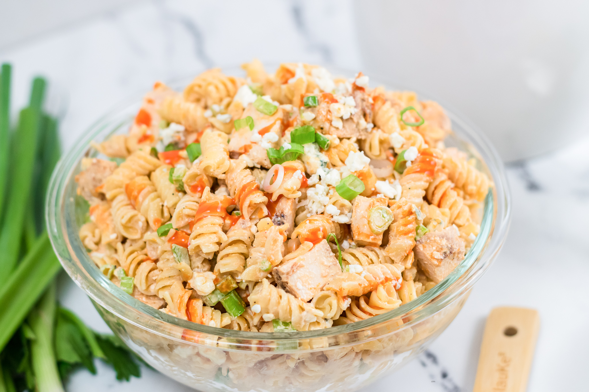 Quick And Easy Buffalo Chicken Pasta Salad Recipe - The Happy Mustard Seed